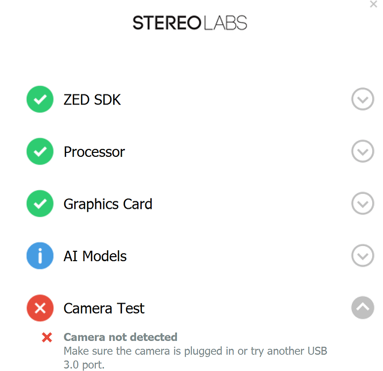 ZED camera on Windows "Make sure the camera is plugged in or try another USB 3.0 port ...