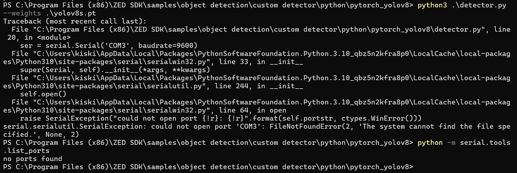 Custom Detector can't open COM3 port - Stereolabs Forums